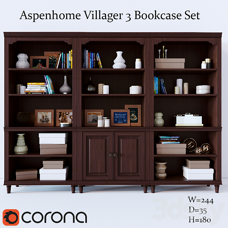 Aspenhome Villager 3 Bookcase Set - Wardrobe & Display cabinets - 3D model