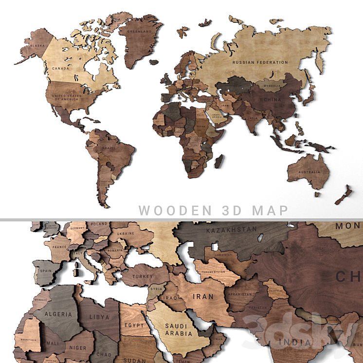 Wooden panel - world map 2 - 3D panel - 3D model