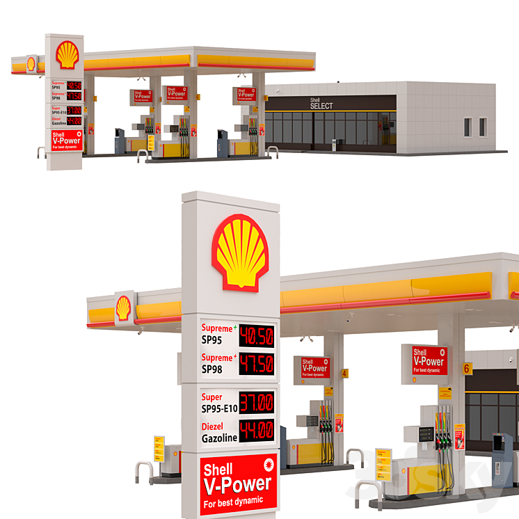 Shell gas station - Urban environment - 3D model