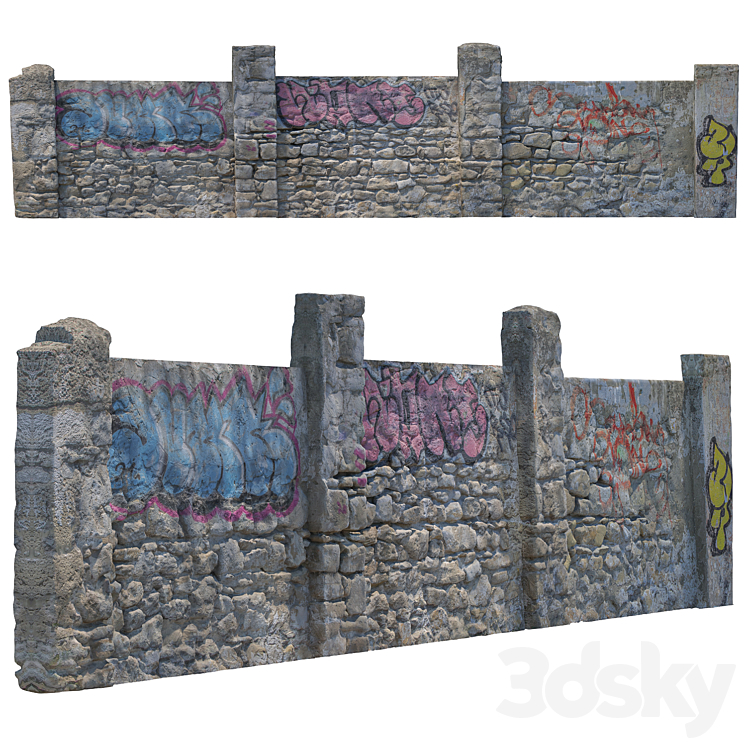 Stone fence with graffiti - Fence - 3D model
