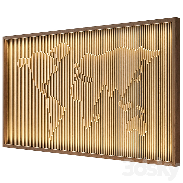 World map made from wooden planks - 3D panel - 3D model