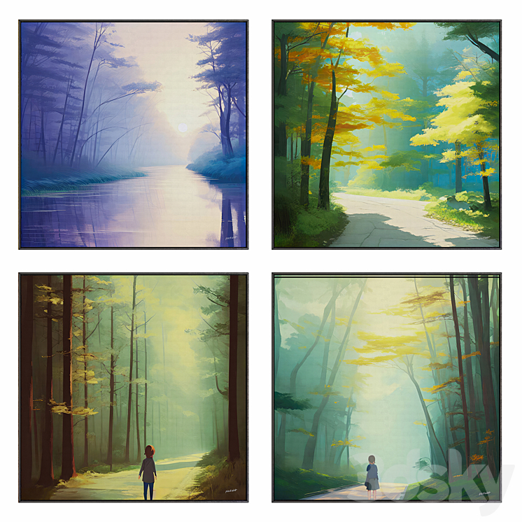4 in 1 Paintings Four Forests | 6 frames | 4K | PBR - Frame - 3D model
