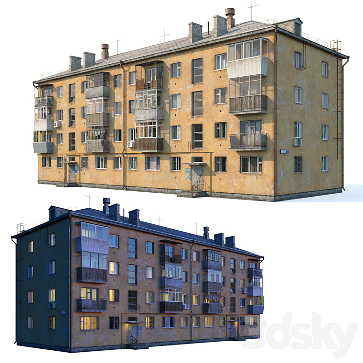 Four-story residential building. Khrushchevka - Building - 3D model