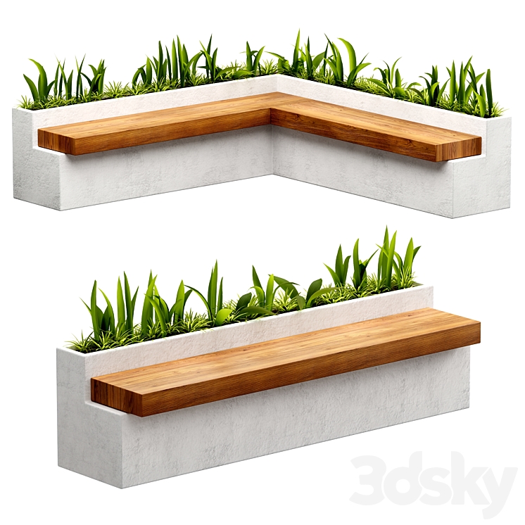 Street Modern Benches with Plant - Urban environment - 3D model