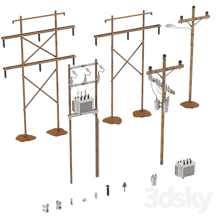 Wooden Power Poles Set - Urban environment - 3D model