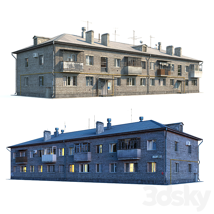 Two-story residential building. Khrushchevka #1 - Building - 3D model